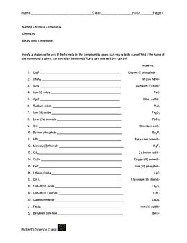 Binary Ionic Compounds Worksheet With Answers By Robert S Science Class