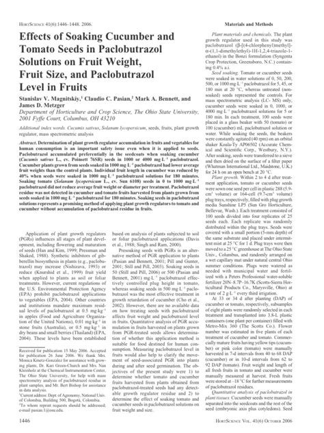 2006 Effects Of Soaking Cucumber And Tomato Seeds In Paclobutrazol Solutions On Fruit Weight