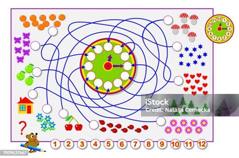 어린이를 위한 교육 페이지입니다 물체의 수량을 세고 원과 시계에 숫자를 그립니다 아이들을 위한 인쇄 가능한 워크시트 아기 책을