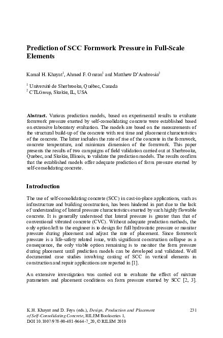 Pdf Prediction Of Scc Formwork Pressure In Full Scale Elements