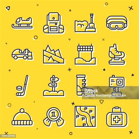 세트 라인 응급 처치 키트 액션 카메라 스케이트 눈 더미에서 삽 산 하강 얼음 Resurfacer 썰매 및 리본 마무리 라인 아이콘 벡터 3위에 대한 스톡 벡터 아트 및