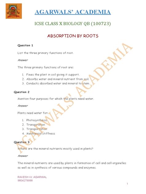 Icse Class 10 Biology Absorption By Roots Question Bank Pdf
