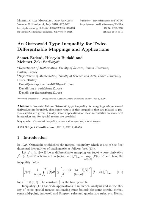 Pdf An Ostrowski Type Inequality For Twice Differentiable Mappings And Applications