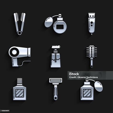 크림 또는 로션 화장품 튜브 면도기 애프터쉐이브 헤어브러시 건조기 전기 헤어 클리퍼 면도기 및 컬링 아이언을 아이콘용으로 설정합니다 벡터 건조한에 대한 스톡 벡터 아트 및