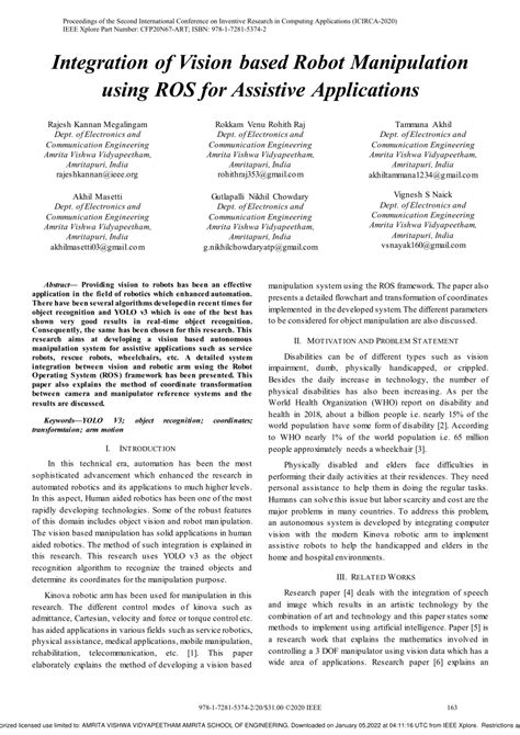 Pdf Integration Of Vision Based Robot Manipulation Using Ros For Assistive Applications