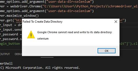 Python Google Chrome Cannot Read And Write To Its Data Directory Selenium Stack Overflow