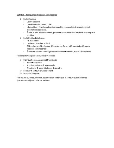 Notes Exam 1 6 Cours 1 Délinquance Et Facteurs Criminogènes École Classique Cesare