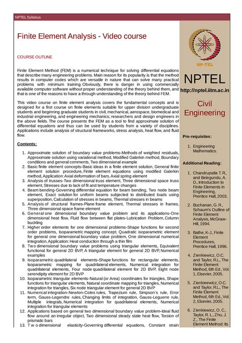 FEA Syllabus Nptel NPTEL Syllabus Finite Element Analysis Video Course COURSE OUTLINE Finite