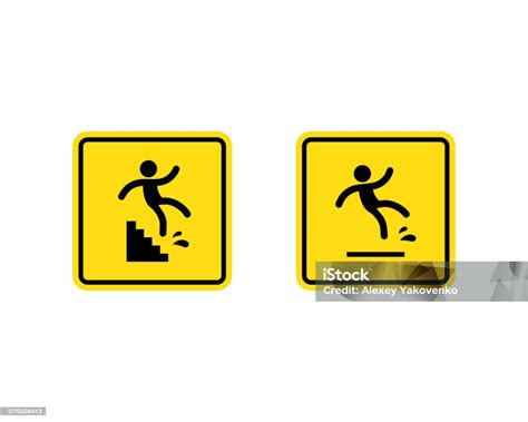 스틱 피겨 남자가 떨어지는 주의 기호 젖은 바닥 계단에 트립 사다리에서 등대 위에 아래로 떨어진다 격리된 흰색 배경의 벡터입니다