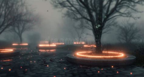 Mystical Pathway Illuminated By Floating Orbs In A Foggy Forest At Dusk