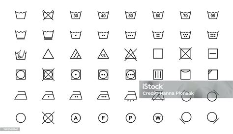세탁 아이콘 전체 세트입니다 세탁 기호 옷 관리 지침 아이콘입니다 세탁 수온 건조 표백 다림질 및 드라이 클리닝 기호 벡터 그림입니다 가사 집안일에 대한 스톡 벡터 아트 및