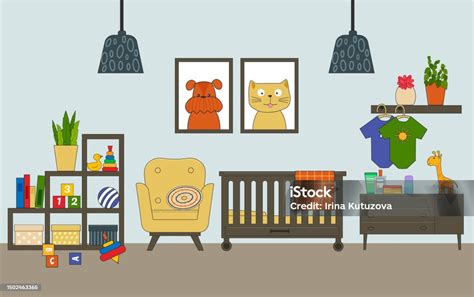 소년을위한 어린이 방의 내부입니다 현대 가구 옷장과 침대 장난감 침대 옆 탁자 관리 용품 및 옷 벡터 그림입니다 실내에 대한 스톡 벡터 아트 및 기타 이미지 Istock