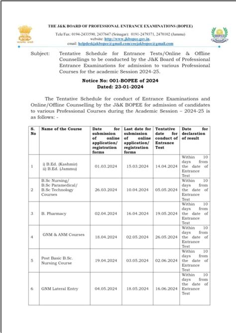 JKBOPEE Releases Schedule For Entrance Tests 2024 Check Date For Submission Of Applications