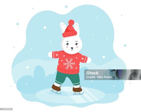 따뜻한 빨간 스웨터와 모자를 쓴 토끼가 스케이트를 타고있었습니다 재미있는 겨울 엔터테인먼트 벡터 일러스트 레이 션 0명에 대한