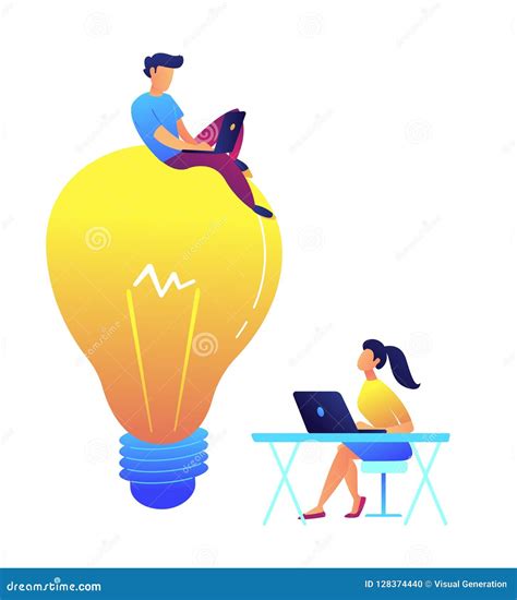 Programmer Working With Laptop On Huge Light Bulb And Designer At Desk