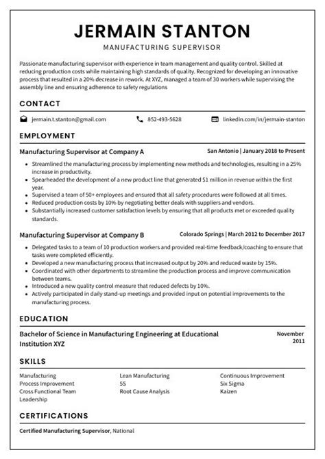 Manufacturing Supervisor Resume Cv Example And Writing Guide