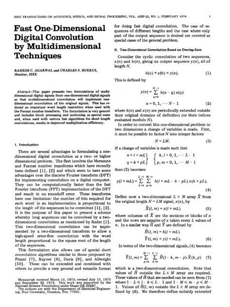 1974 Fast One Dimensional Digital Convolution By Multidimensional Techniques Pdf Convolution
