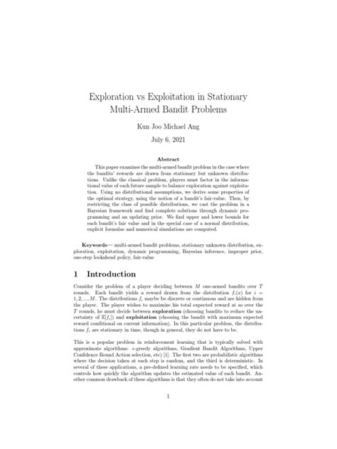 Exploration Vs Exploitation In Stationary Multi Armed Bandit Problems