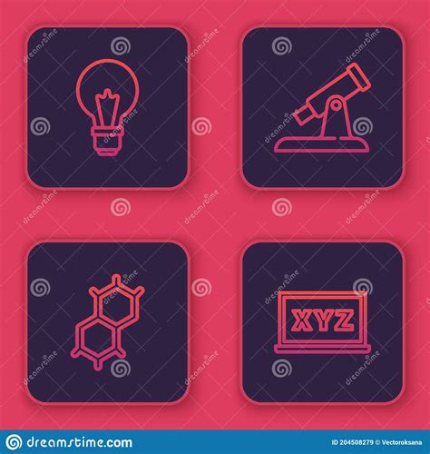 Set Line Light Bulb With Concept Of Idea Chemical Formula Telescope And Xyz Coordinate System