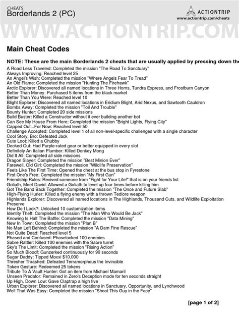 Borderlands 2 Pc Main Cheat Codes Pdf Video Games Leisure