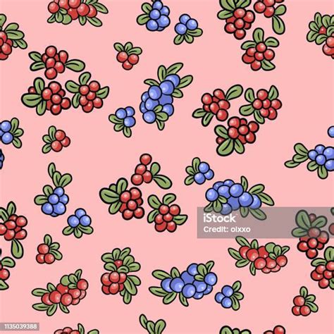 분홍색 배경 다채로운 완벽 한 패턴에 빨간색과 파란색 열매 카우 베리 링 곤 베리 블루베리 0명에 대한 스톡 벡터 아트 및 기타 이미지 Istock