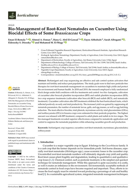 Pdf Bio Management Of Root Knot Nematodes On Cucumber Using Biocidal Effects Of Some