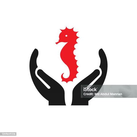 핸드 씨 호스 로고 디자인 핸드 컨셉 벡터가 있는 바다 말 로고 손과 해말 로고 디자인 개념에 대한 스톡 벡터 아트 및 기타