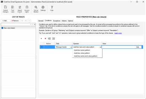 Configuration Of Rules Conditions Message Header Codetwo Email Signatures On Prem Users