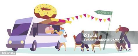 사람들은 거리 공원 문자 남성 여성 맛 패스트 푸드 흰색 평면 벡터 그림에 고립 된 도넛을 먹는다 도넛 트럭 사람들에 대한 스톡 벡터 아트 및 기타 이미지 Istock