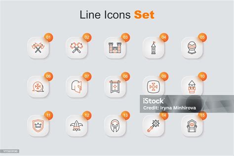 세트 라인 중세 왕좌 스파이크 헬멧 플뢰르 드 리스 또는 백합 꽃 방패 왕관 성 탑 십자군 및 깃발 아이콘과 메이스 벡터 아이콘