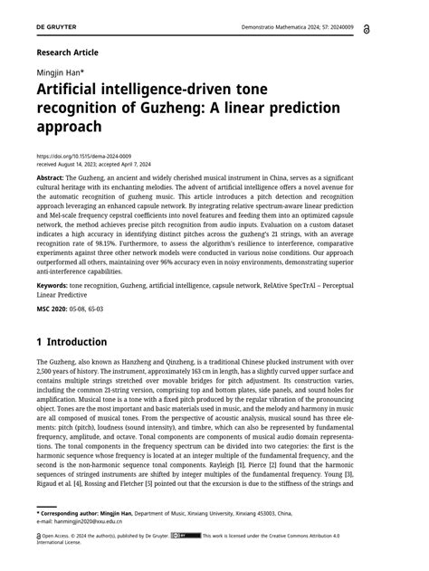 Pdf Artificial Intelligence Driven Tone Recognition Of Guzheng A Linear Prediction Approach