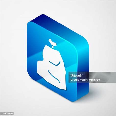 회색 배경에 격리 된 등색 쓰레기 봉투 아이콘 파란색 정사각형 버튼 벡터 일러스트레이션 3차원 형태에 대한 스톡 벡터 아트 및