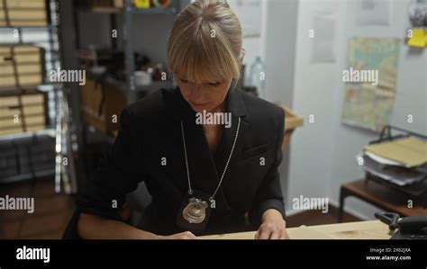 A Focused Blonde Woman Detective Investigates A Case In A Cluttered