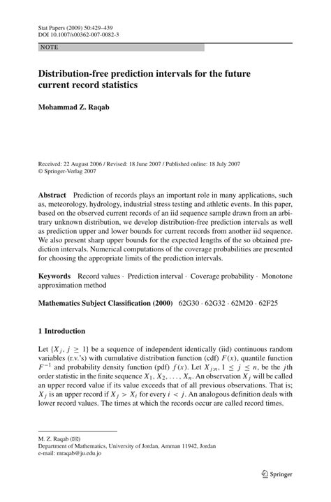 Pdf Distribution Free Prediction Intervals For The Future Current Record Statistics