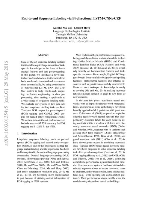 End To End Sequence Labeling Via Bi Directional Lstm Cnns Crf Deepai