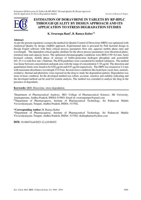 Pdf Estimation Of Doravirine In Tablets By Rp Hplc Through Quality By Design Approach And Its