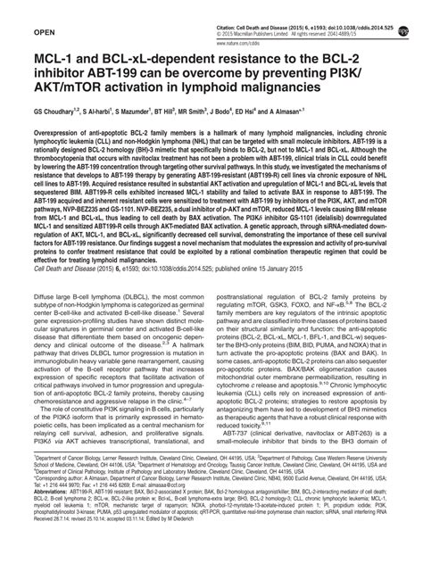 Pdf Mcl 1 And Bcl Xl Dependent Resistance To The Bcl 2 Inhibitor Abt
