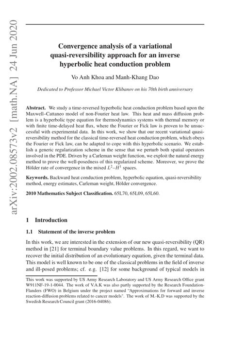 Pdf Convergence Analysis Of A Variational Quasi Reversibility Approach For An Inverse