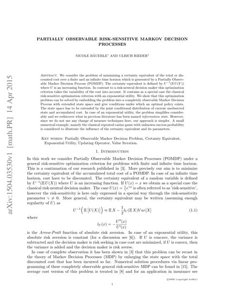 Pdf Partially Observable Risk Sensitive Markov Decision Processes