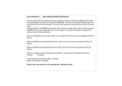 Solved Excel Problem I Show All Excel Work 30 Points