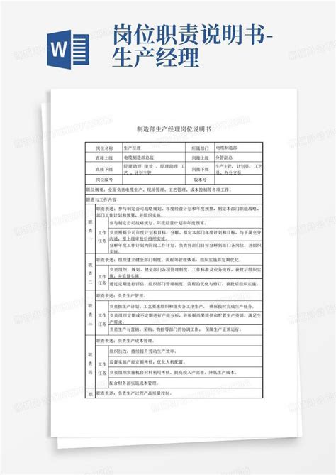 岗位职责说明书 生产经理Word模板下载 编号qkpdeoby 熊猫办公