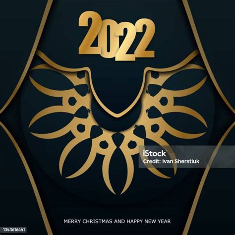 템플릿 인사말 브로셔 2022 빈티지 골드 장식과 새해 복 많이 받으시다 다크 블루 12월 31일에 대한 스톡 벡터 아트 및 기타 이미지 12월 31일 2022년