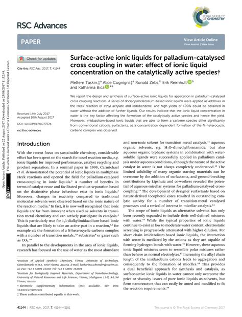 Pdf Surface Active Ionic Liquids For Palladium Catalysed Cross