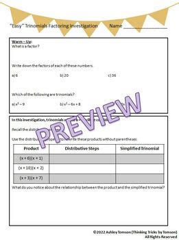 Easy Trinomial Factoring Investigation By Thinking Tricks By Tomson