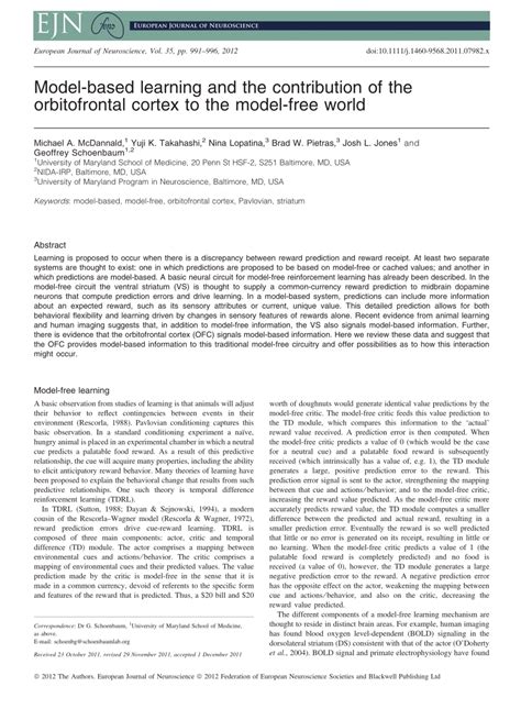 Pdf Model Based Learning And The Contribution Of The Orbitofrontal