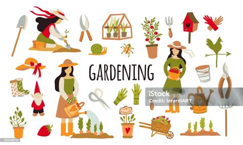 원예 벡터 세트 야채에 물을 뿌리고 식물을 수확하고 심는 소녀 유행 플랫 스타일 일러스트 정원 도구 급수 캔 레이크 자두 온실