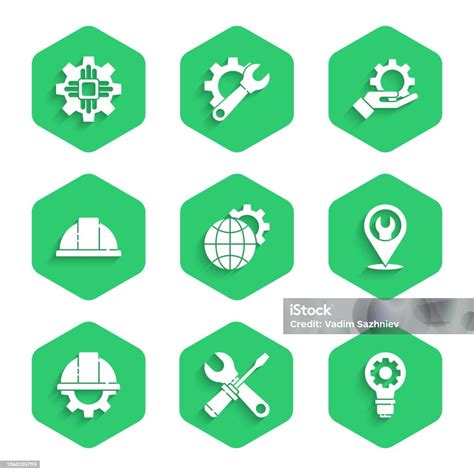 지구와 기어의 글로브를 설정 스크류 드라이버 렌치 스패너 전구 위치와 위치 작업자 안전 헬멧 손에 설정 및 프로세서 아이콘 벡터 가리키기에 대한 스톡 벡터 아트 및 기타
