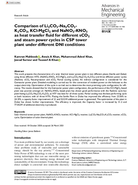 Pdf Comparison Of Li2co3 Na2co3 K2co3 Kcl Mgcl2 And Nano3 Kno3 As Heat Transfer Fluid For