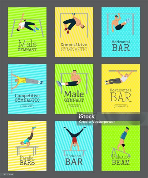 카드 벡터 일러스트의 남성 체조 세트입니다 경쟁 체조 가로 막대 병렬 막대 균형 빔 운동 선수 남자 배너입니다 다른 포즈에서
