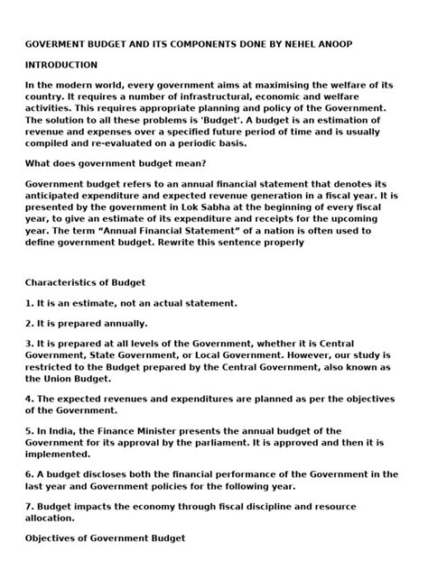 Goverment Budget And Its Components Pdf Government Budget Balance Business